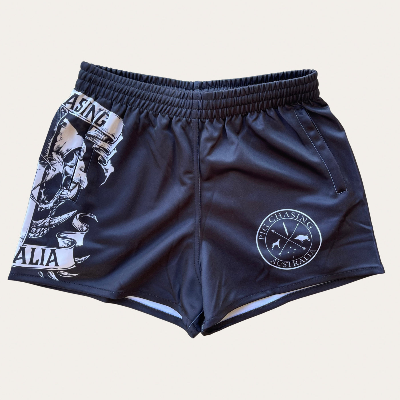 Hog Skull Footy Shorts - Black – Pig Chasing Australia