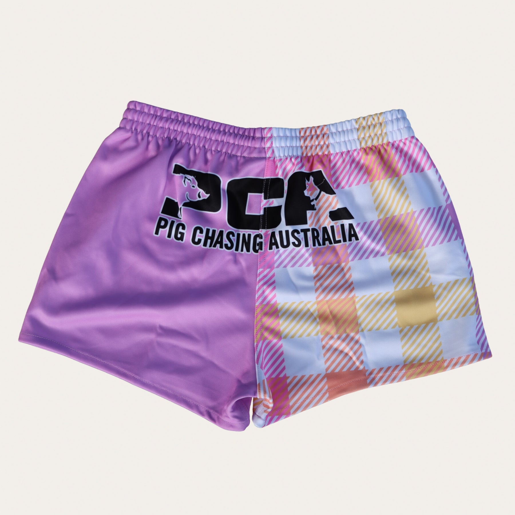 Gingham Footy Shorts - Lavender - Zip Pockets – Pig Chasing Australia